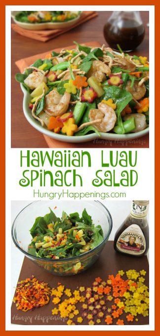 Hawaiian Luau Spinach Salad Topped with Carrot Flowers | Hungry Happenings