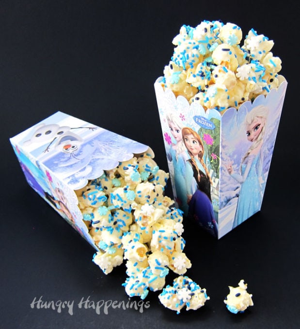 "FROZEN" White Chocolate Popcorn with Snowflakes - Hungry Happenings