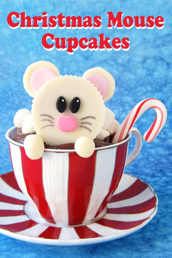 Christmas Mouse Cupcakes - Reese's Cup Mice in Hot Cocoa Cupcakes